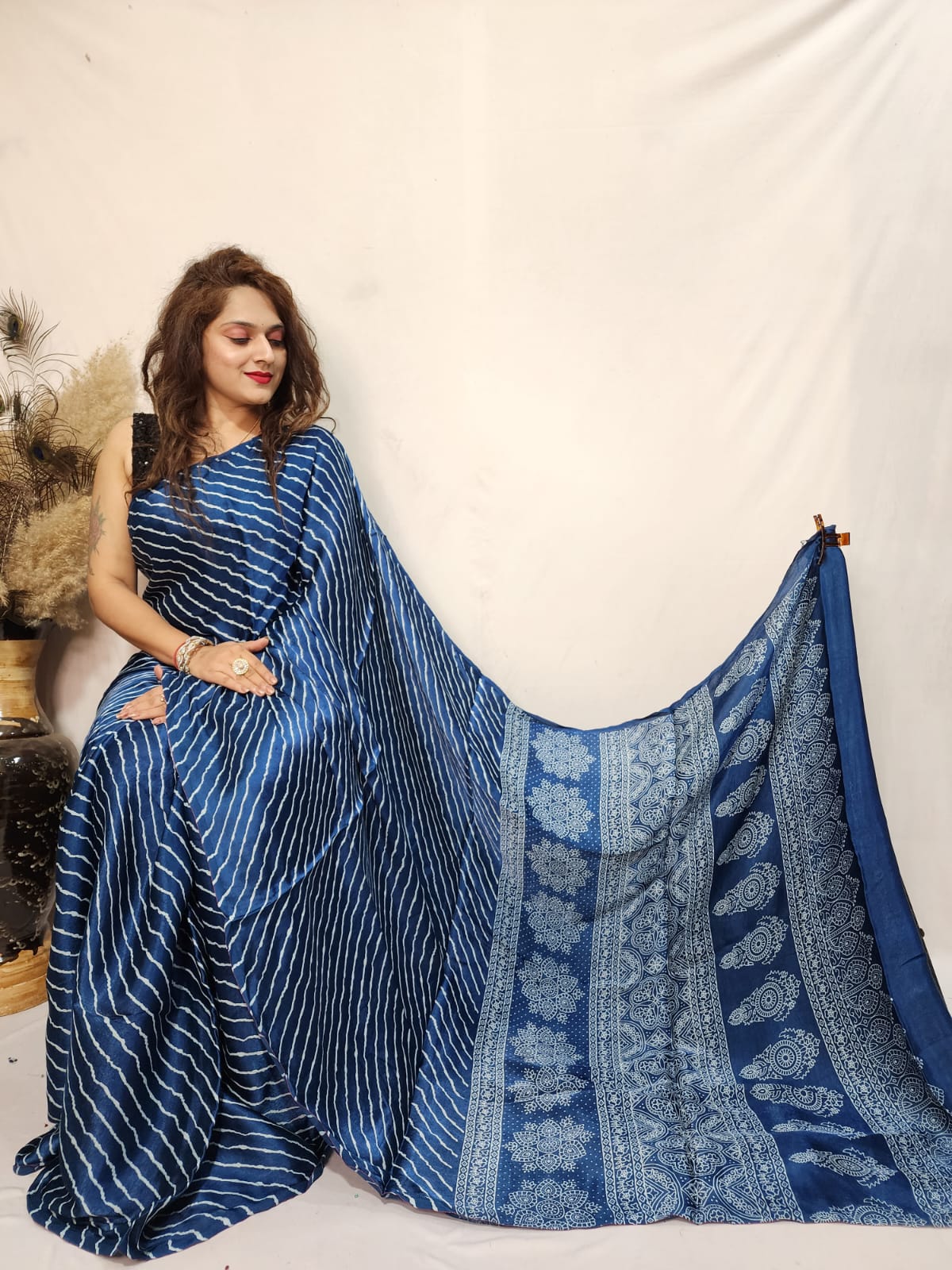 Blue Wave - Lehariya Semi Modal Ajrakh Saree – Sweet Yellow Pollen