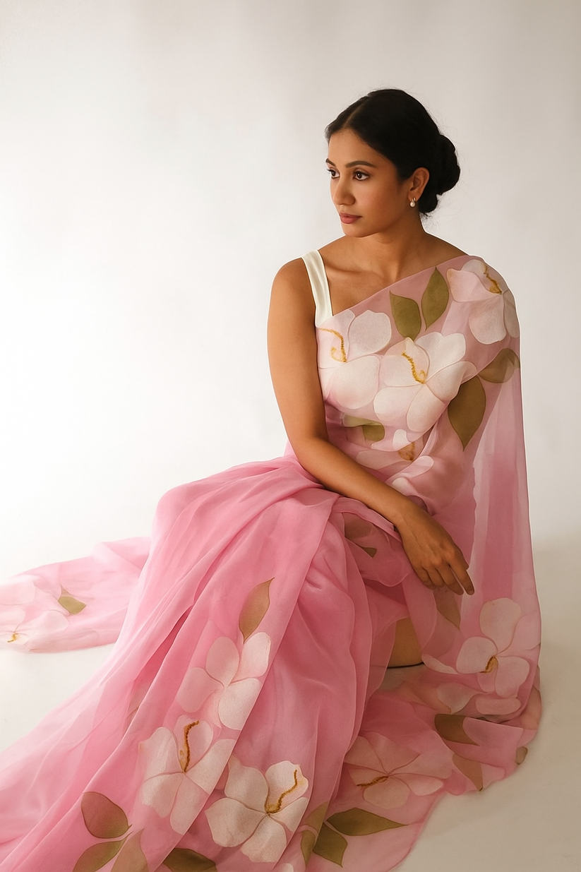 Cherry Blossom: Baby Pink Hand-Painted Chiffon Saree – Sweet Yellow Pollen